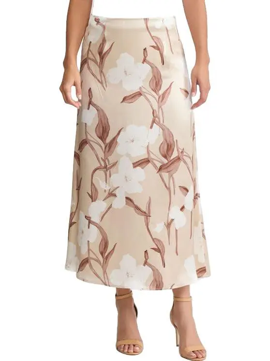 Misook Floral Print Flared Maxi Skirt - Biscotti/charmeuse