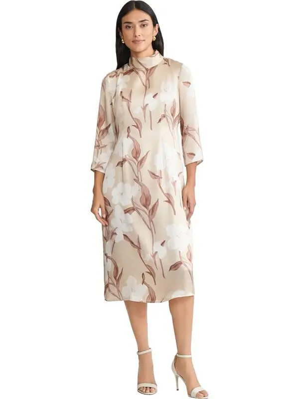 Misook A-line Floral Print Silk Midi Dress - Biscotti/charmeuse