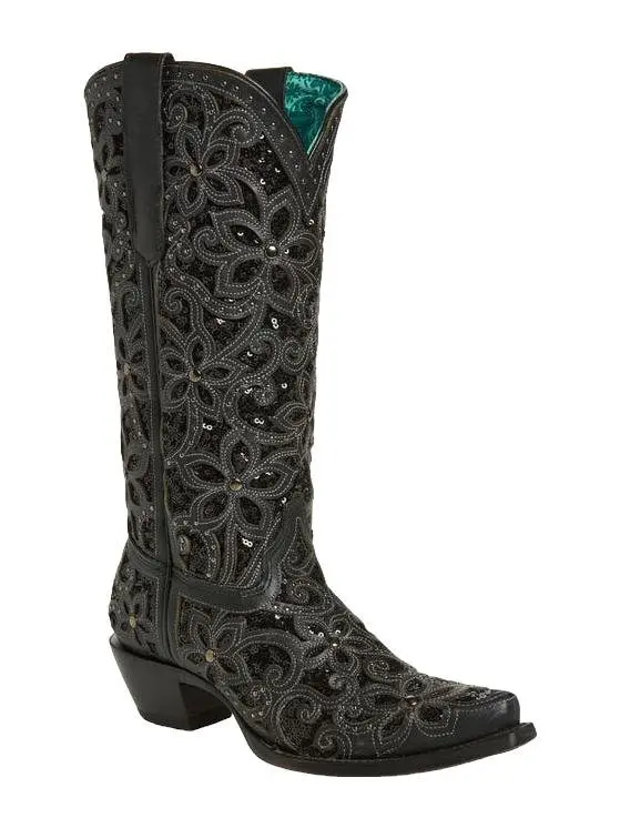 CORRAL Sequin Embellished Mid-calf Western Boots - Black
