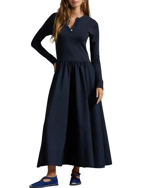 Polo Ralph Lauren Long-sleeve Mixed Media Henley Midi Dress - Aviator Navy