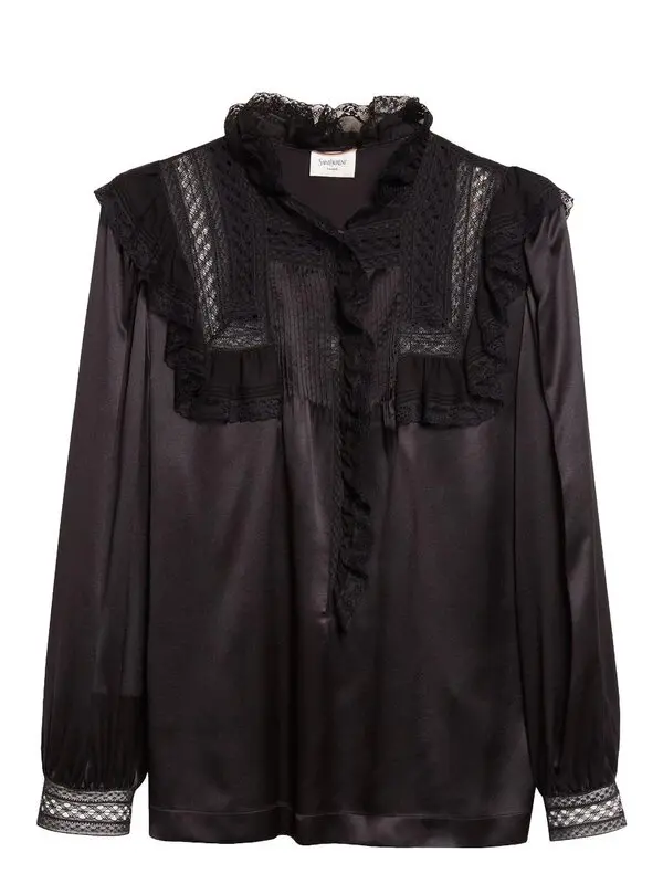 Saint Laurent Lace Trim Silk Charmeuse Top - Nero