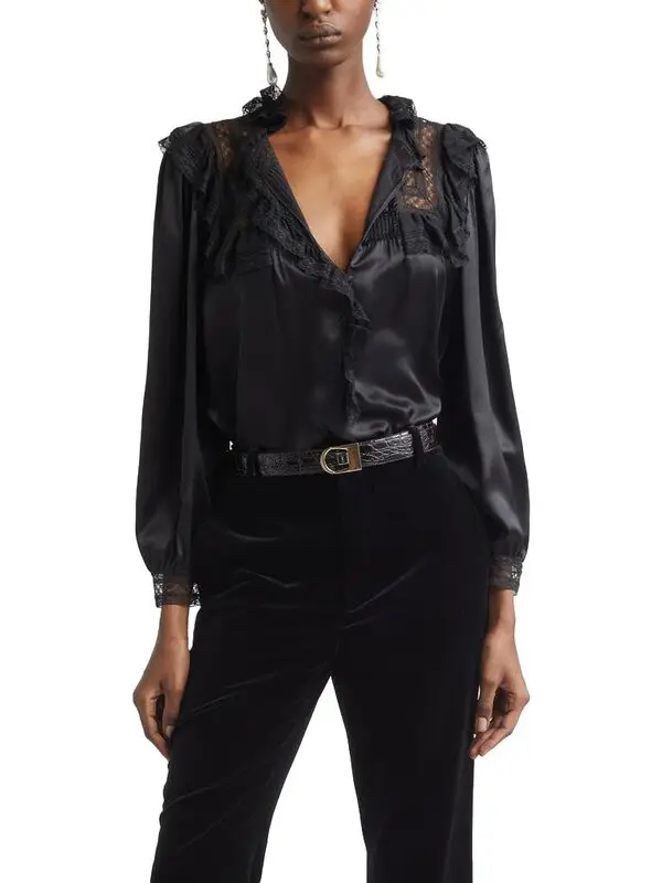 Saint Laurent Lace Trim Silk Charmeuse Top - Nero