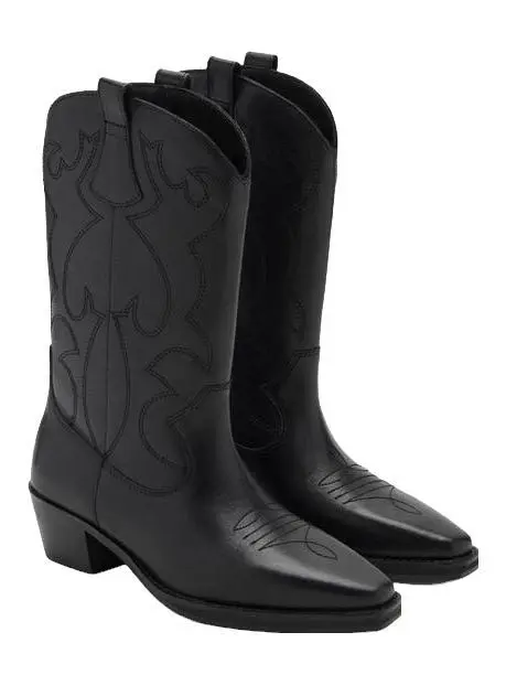 Mango Leather Western Boot - Black