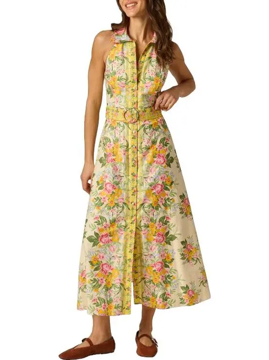Adrianna Papell Floral Belted Cotton Maxi Shirtdress - Pale Yellow