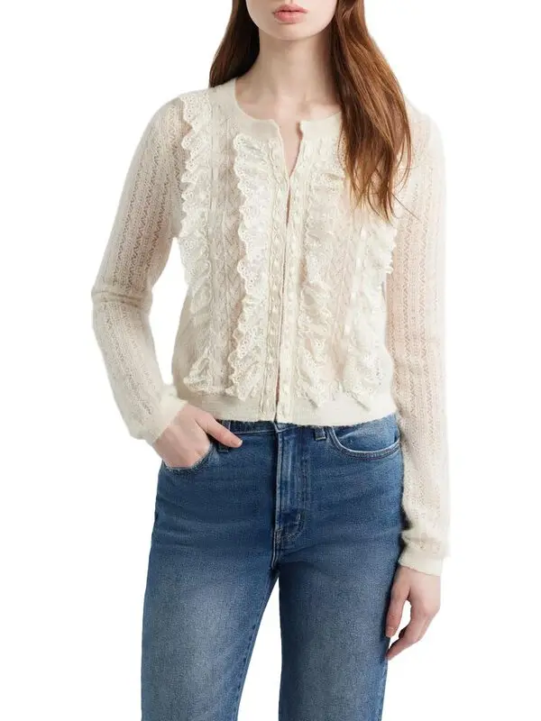 LoveShackFancy Melisse Lace Ruffle Alpaca & Wool Blend Cardigan - Aspen White