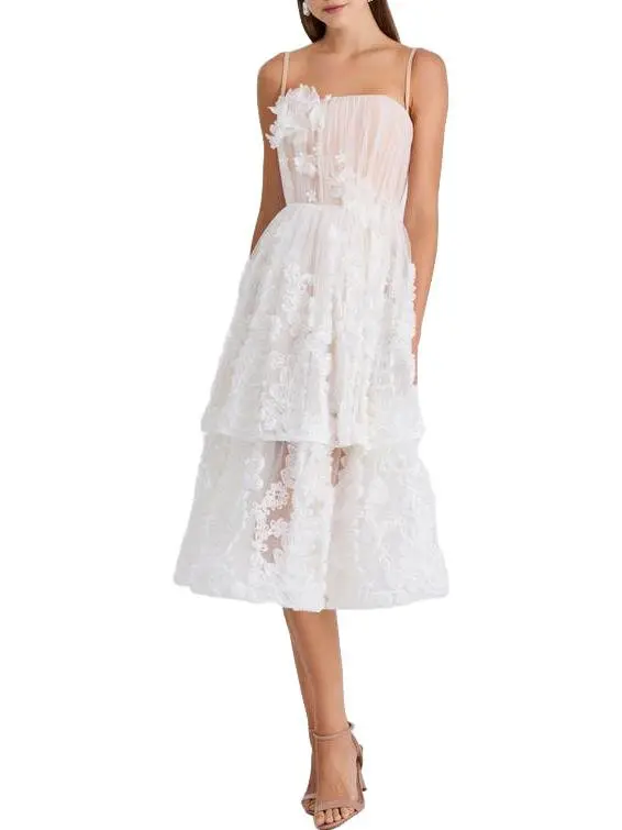 HELSI Floral Appliqué Tiered Cocktail Midi Dress - Off White/nude