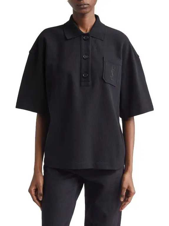 Saint Laurent Embroidered Cotton Piqué Polo - Noir