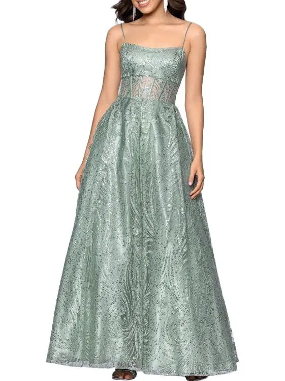 BLONDIE NITES Sequin Illusion Bodice Ballgown - Sage