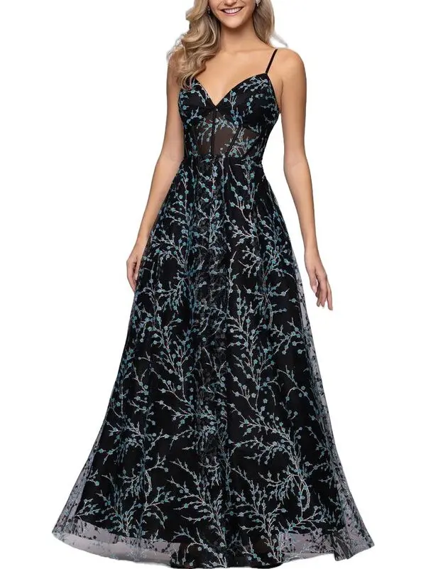 BLONDIE NITES Caviar Glitter Illusion Bodice Ballgown - Black/aqua
