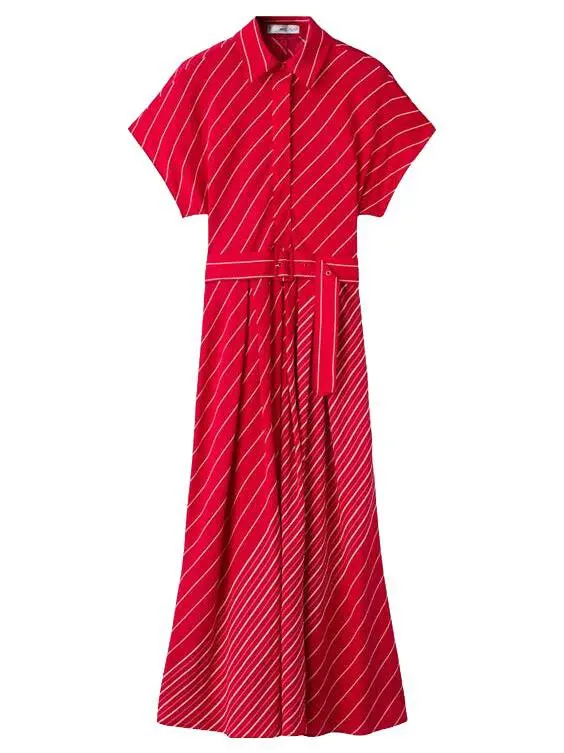 Mango Stripe Belted Midi Shirt Dress - Red