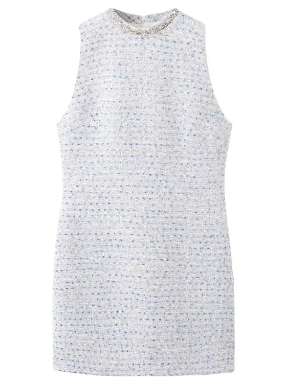 Mango Rhinestone Sleeveless Tweed Dress - Sky Blue