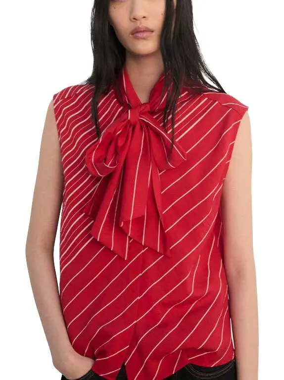 Mango Striped Tie Neck Top - Red
