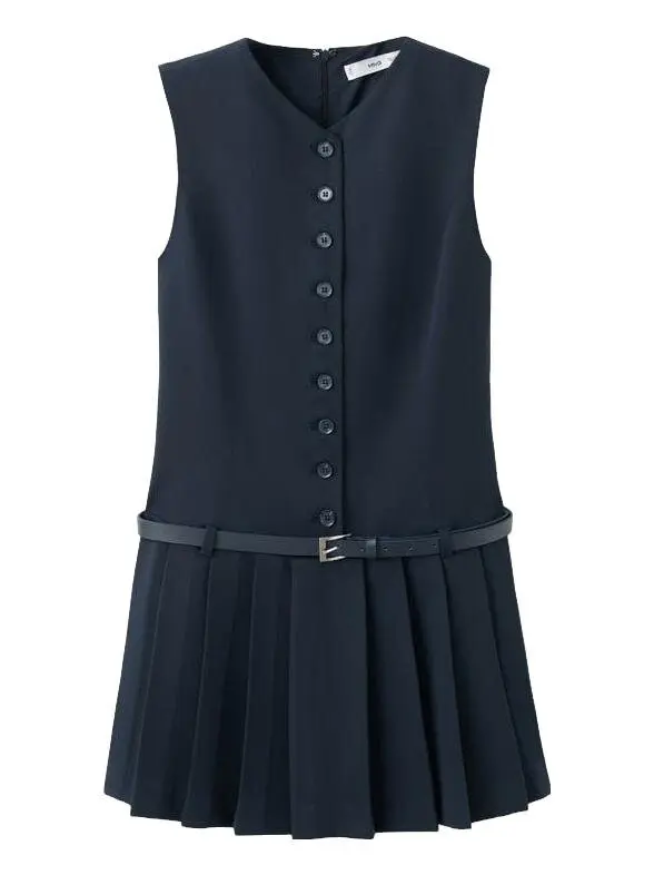 Mango Sleeveless Pleated Minidress - Navy