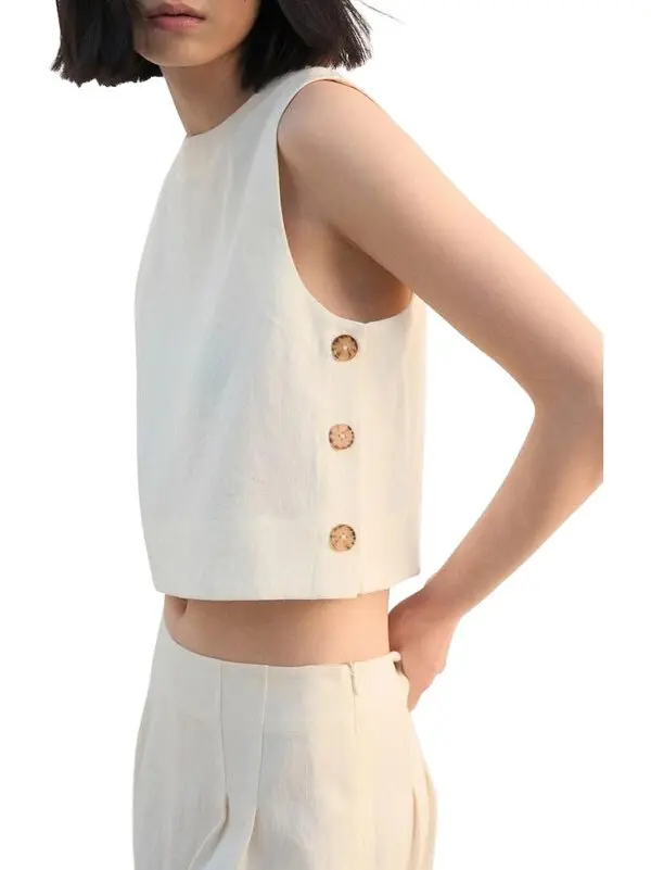Mango Side Button Sleeveless Crop Top - Ecru