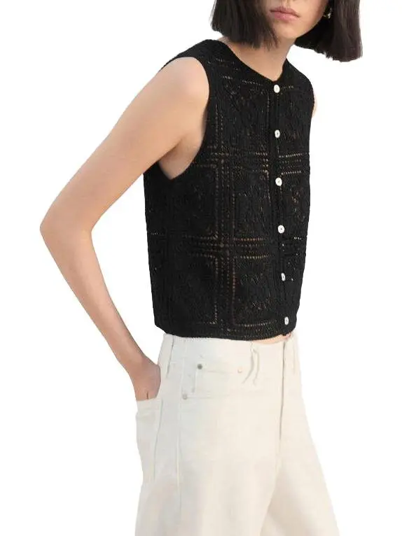 Mango Sleeveless Crochet Button-up Top - Black