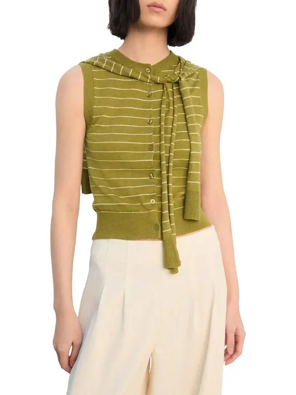 Mango Striped Tie-neck Sweater Vest - Olive Green