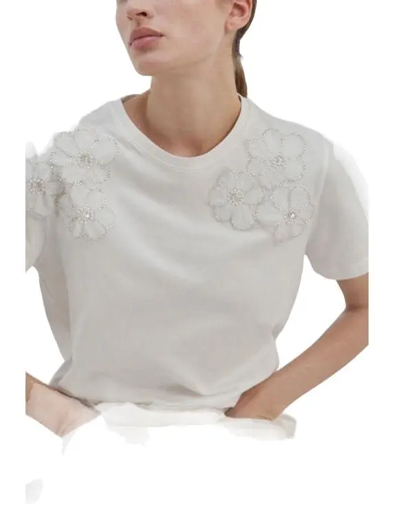 Mango Floral Embellished Cotton T-shirt - Off White