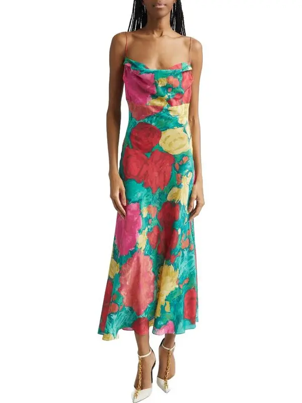 Balmain Rose Print Silk Crêpe De Chine Slipdress - Ulj Green/multi