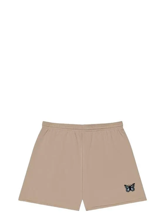 DALIX Embroidered Butterfly Fleece Jogger Sweatshorts - Tan