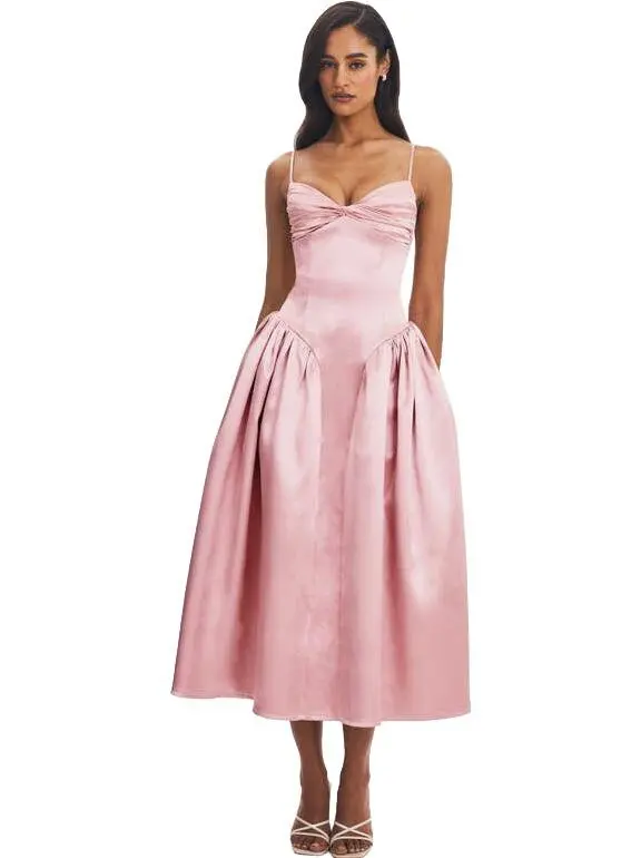 MISS CIRCLE Satin Ruched Midi Dress - Dusty Rose