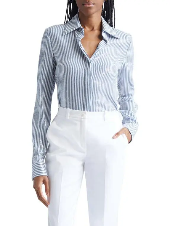 Michael Kors Hansen Sequin Embellished Striped Shirt - Steel/optic White