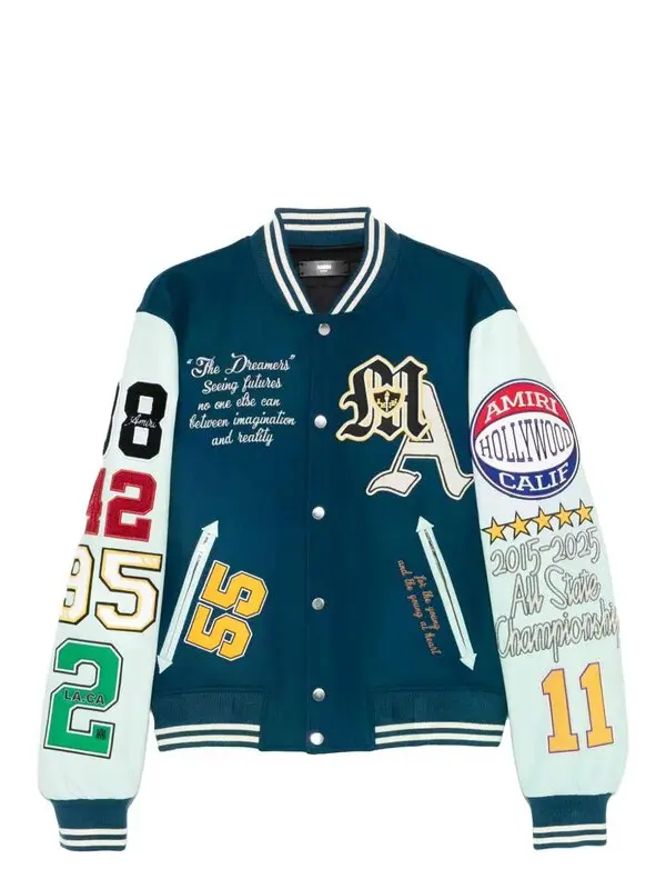 Amiri Varsity Patch Jacket With Leather Sleeves - Blue
