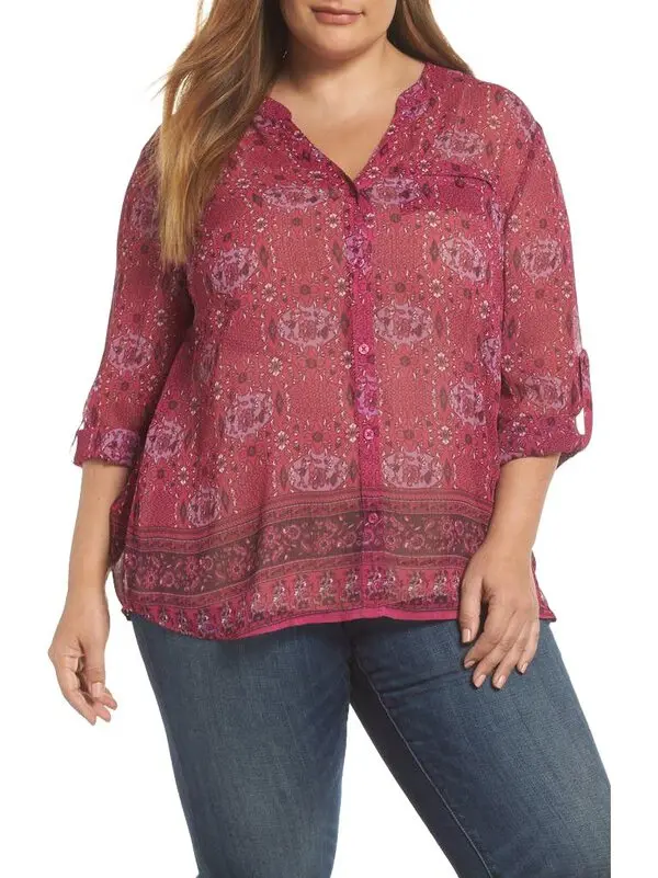 Kut From The Kloth Floral Print Roll Sleeve Top - Berry