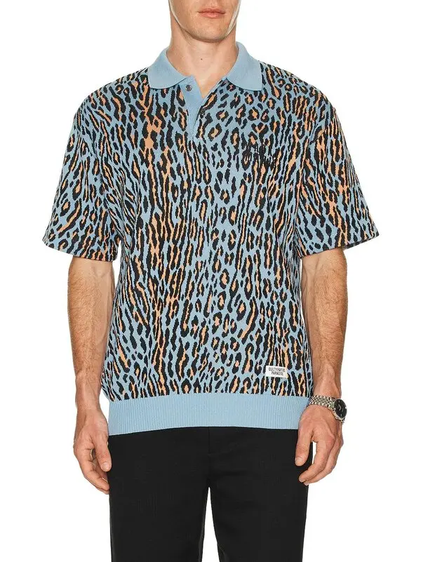 WACKO MARIA Leopard Knit Polo Shirt In Blue - L-purple