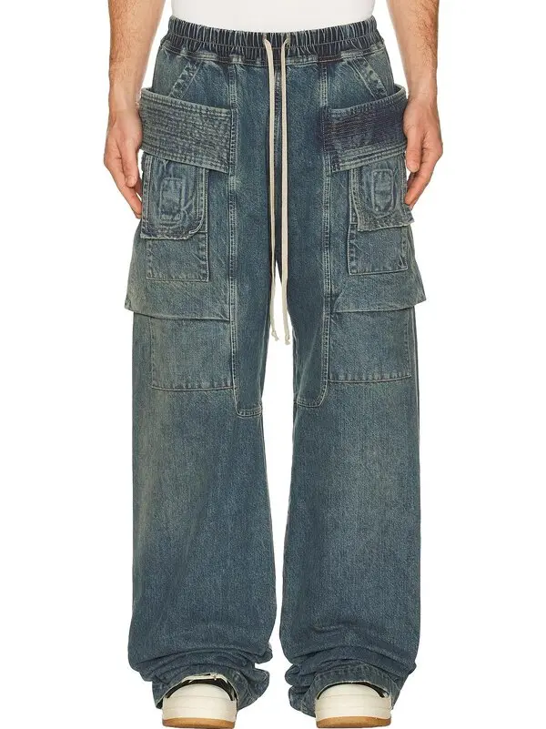 Rick Owens Creatch Wide Leg Cargo Drawstring Pants - Washed Indigo