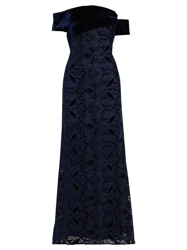 Badgley Mischka Velvet-paneled Guipure Lace Gown - Navy