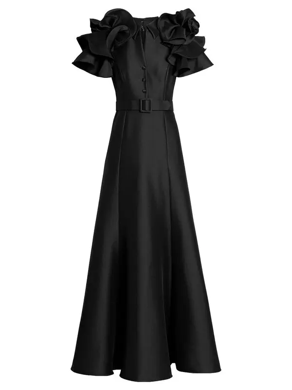 Badgley Mischka Belted Ruffled Faille Gown - Black