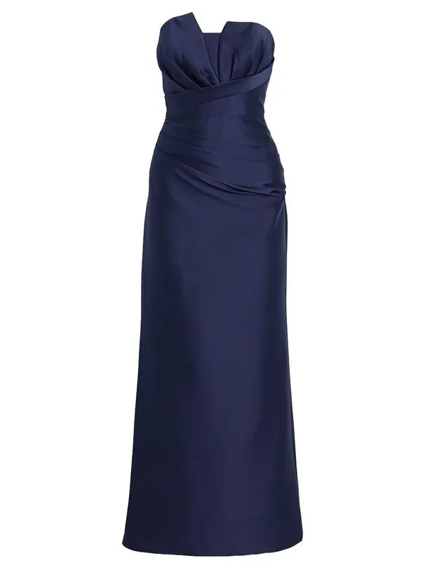 Badgley Mischka Strapless Pleated Satin-twill Gown - Navy