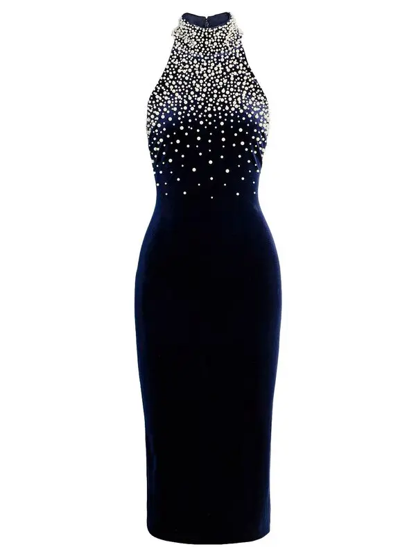 Badgley Mischka Faux Pearl-embellished Velvet Midi Dress - Navy