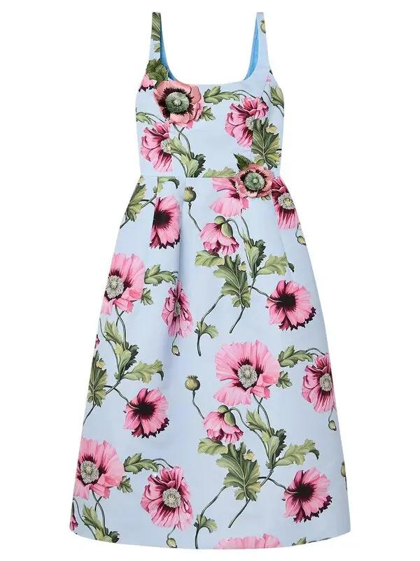 Oscar De La Renta Appliquéd Floral-print Faille Midi Dress - Light Blue
