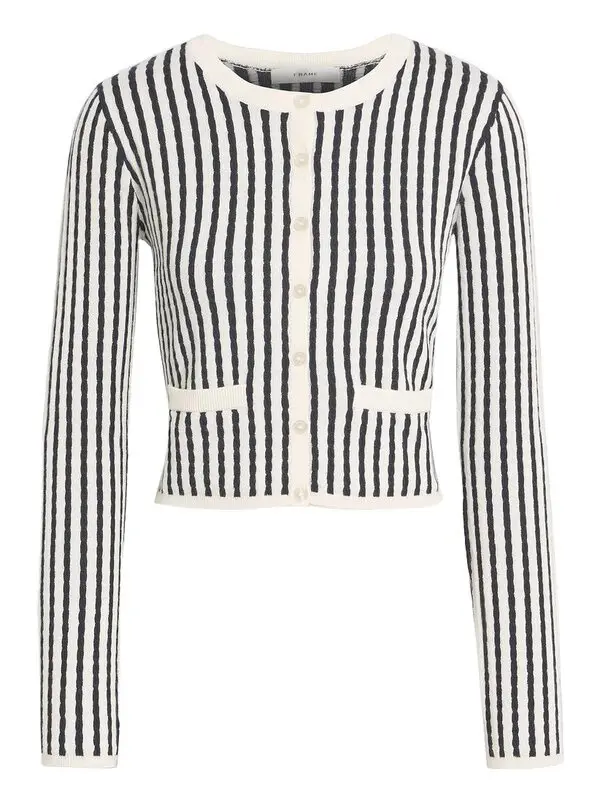FRAME Striped Cable-knit Cashmere And Silk-blend Cardigan - Midnight Blue