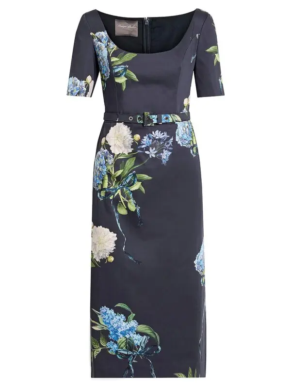 Monique Lhuillier Belted Floral-print Cotton-blend Poplin Midi Dress - Navy