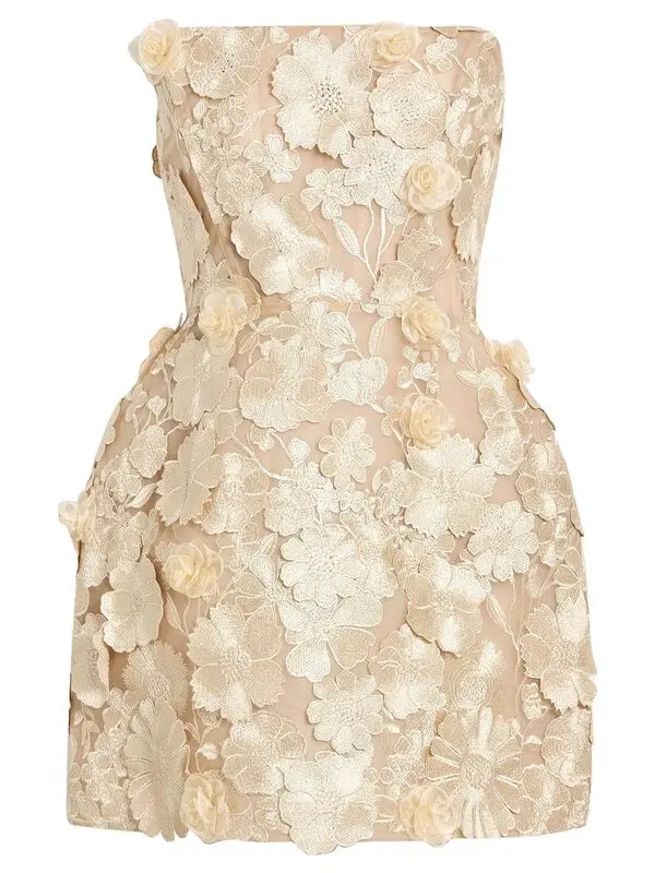 BRONX AND BRONCO Jasmine Maraya Floral-appliquéd Tulle Mini Dress - Neutral
