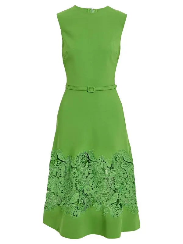 Oscar De La Renta Belted Corded Lace-paneled Wool-blend Midi Dress - Bright Green