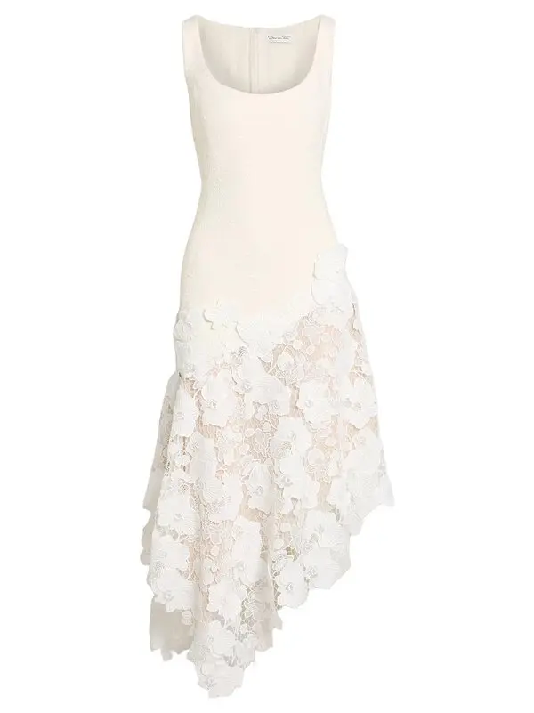 Oscar De La Renta Guipure Lace-paneled Cotton And Wool-blend Bouclé Midi Dress - Ivory