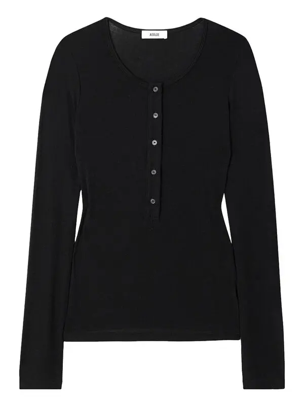 AGOLDE Faustine Lyocell-blend Henley Top - Black