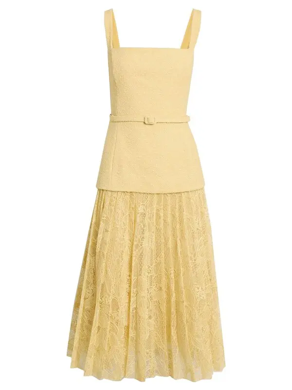Oscar De La Renta Layered Pleated Lace And Cotton-blend Bouclé Midi Dress - Yellow