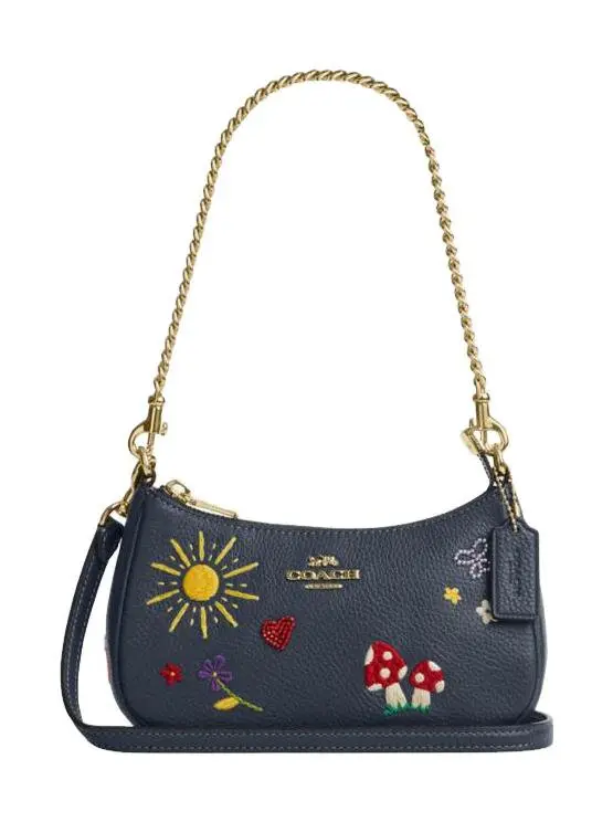 COACH® Teri Mini Crossbody Bag With Embroidery - Pebbled Leather/gold/dark Denim