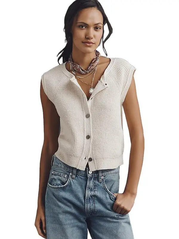 PILCRO Sleeveless Cotton-blend Cardigan Sweater - White