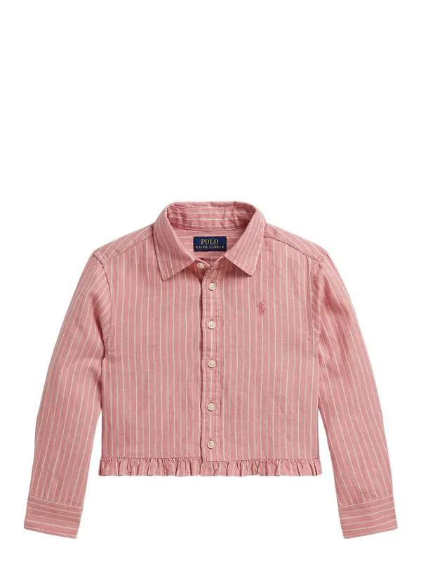 Ralph Lauren Striped Linen-cotton Shirt With Ruffle Trim - Desert Rose/cream