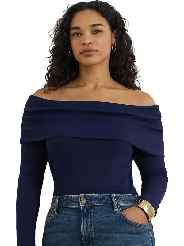 Ralph Lauren Ribbed Cotton-blend Off-the-shoulder Top - Refined Navy