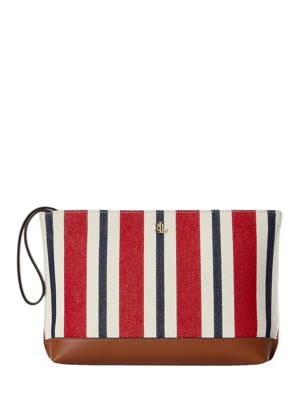 Ralph Lauren Striped Canvas And Leather Large Pouch - Festive Red/tan