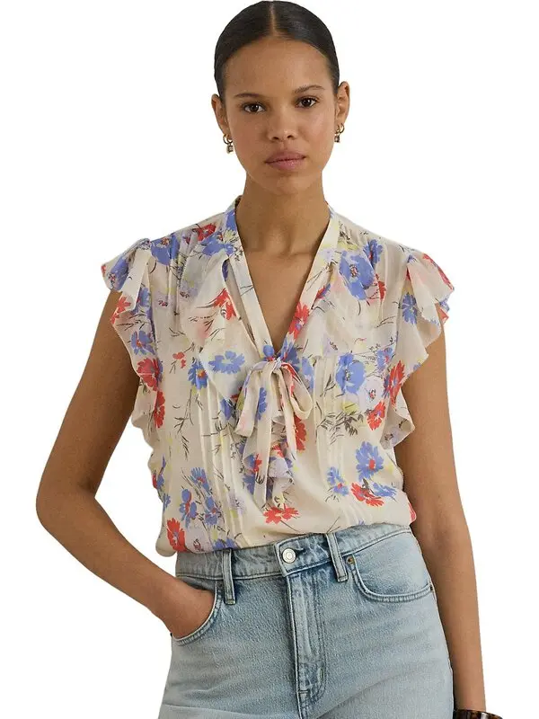 Ralph Lauren Floral Pintucked Tie-neck Blouse - Cream Multi