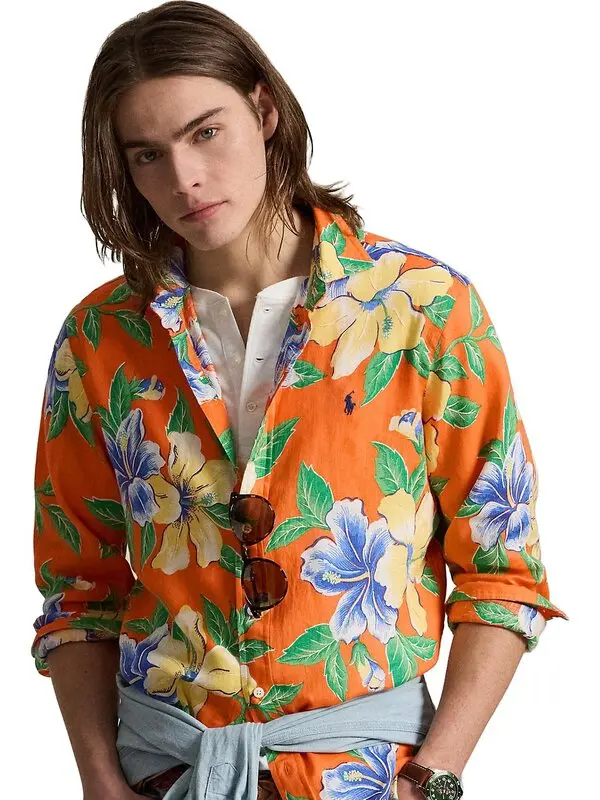 Ralph Lauren Classic Fit Tropical Floral Linen Shirt - Orange Iconic Hibiscus