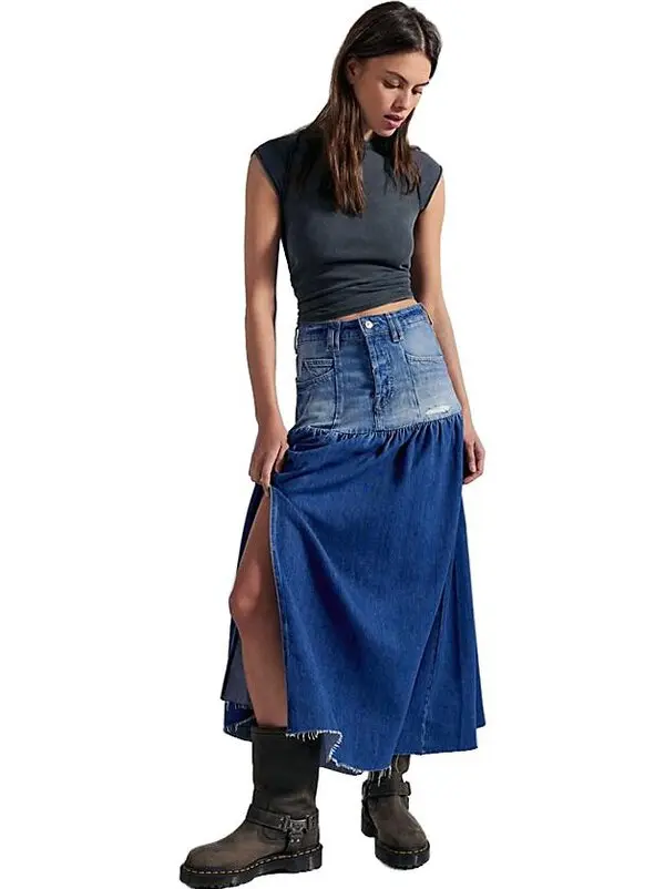 Free People We The Free Good Company Mixed Denim Maxi Skirt - Blessed