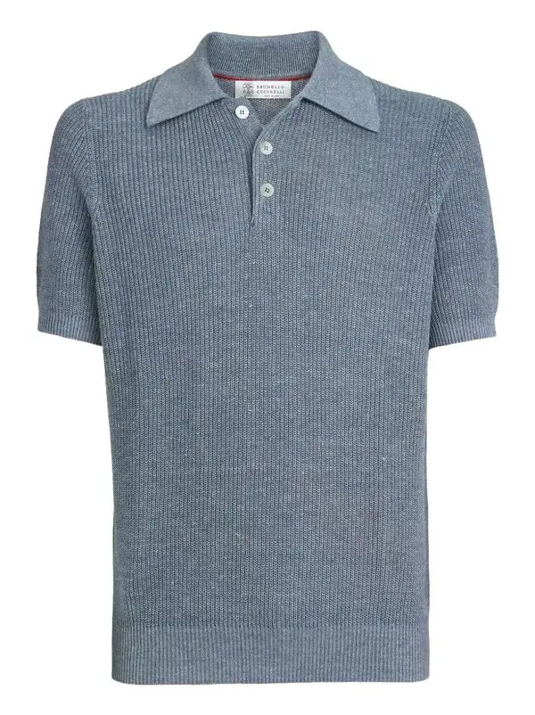 Brunello Cucinelli Linen And Cotton Half English Rib Knit Polo Shirt - Blue